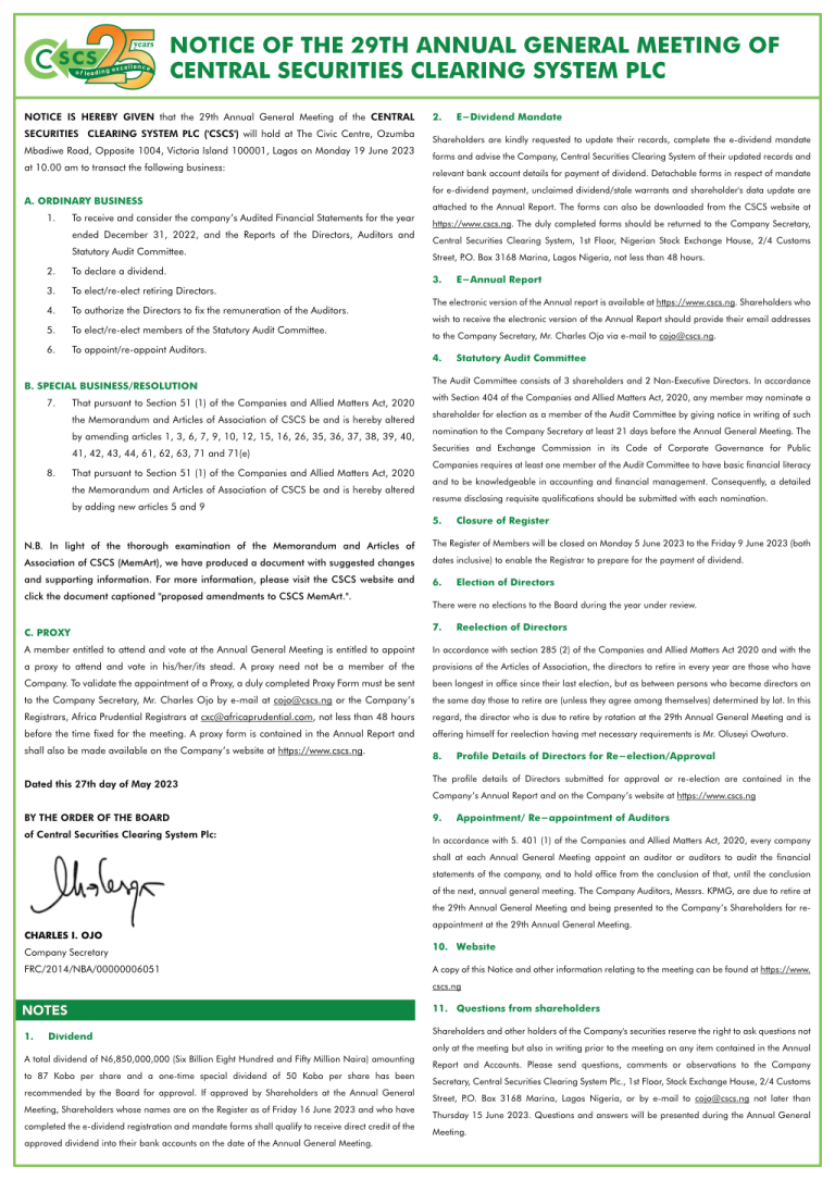 Notice Of 29th Annual General Meeting Of Central Securities Clearing ...