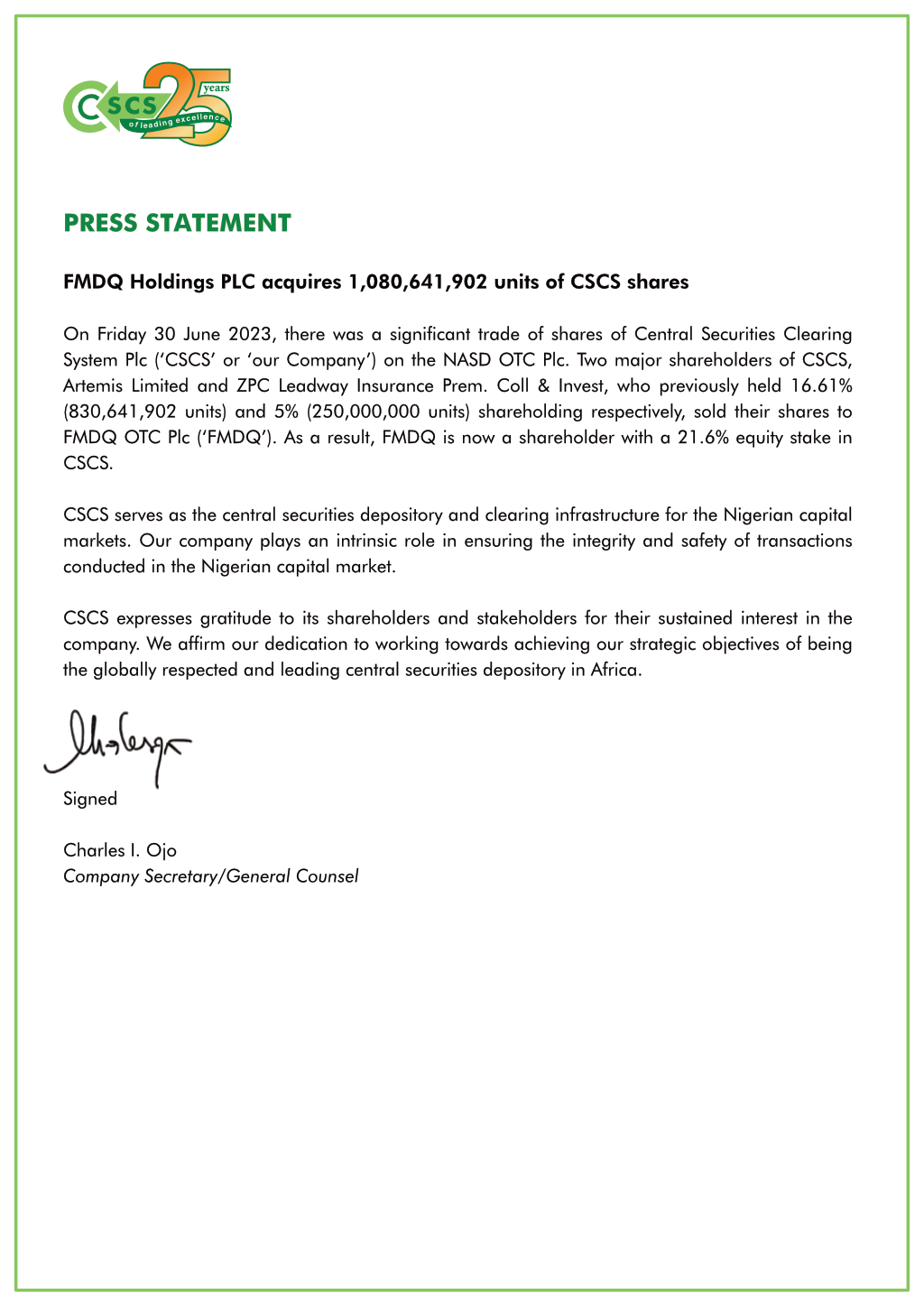 FMDQ Holdings PLC acquires 1,080,641,902 units of CSCS shares